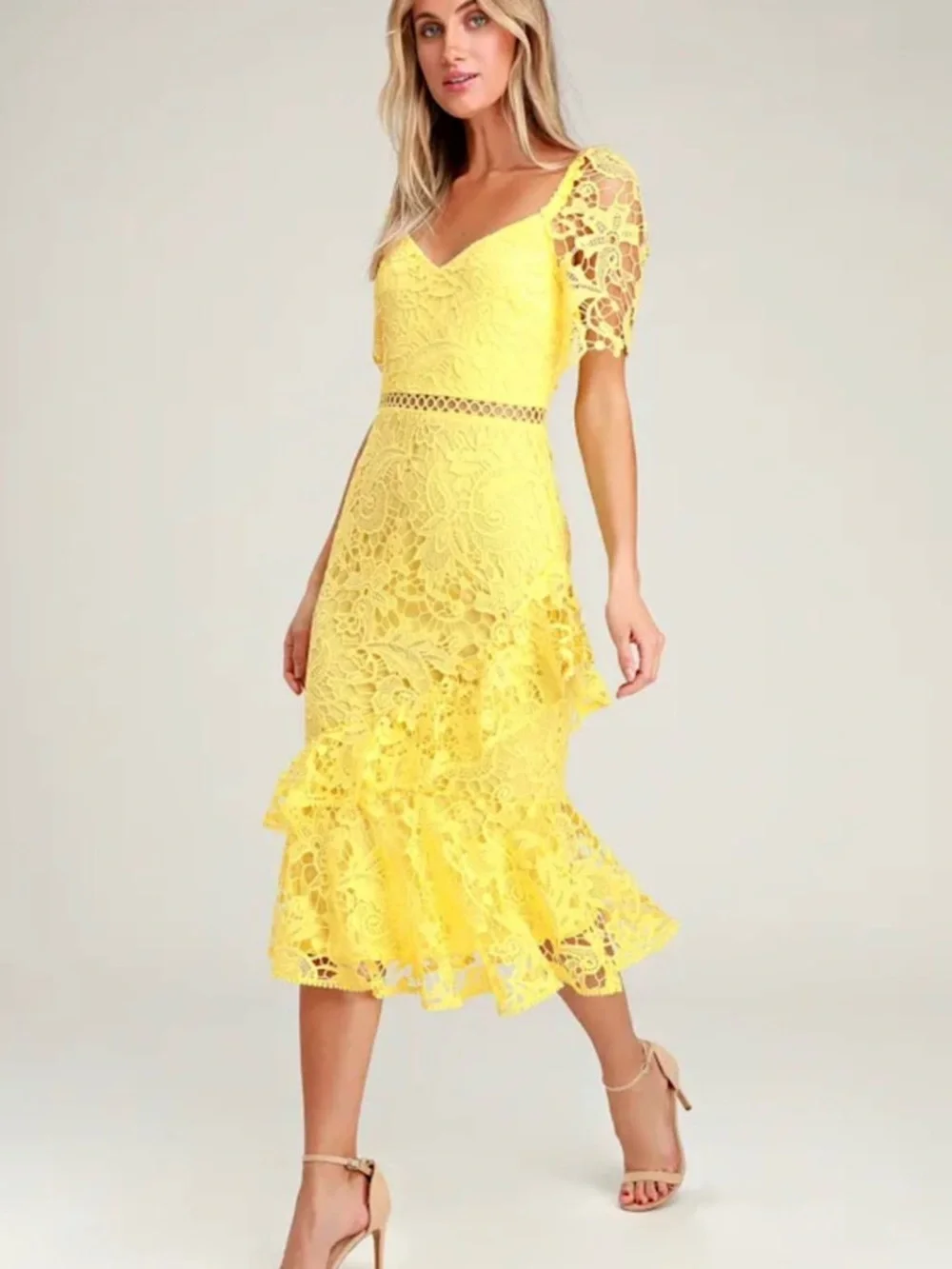 Lulus | Dresses | Lulus Briarwood Yellow Lace Ruffle Midi Dress | Poshmark